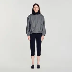 Sandro Wool Jacket With Leather Stand Collar