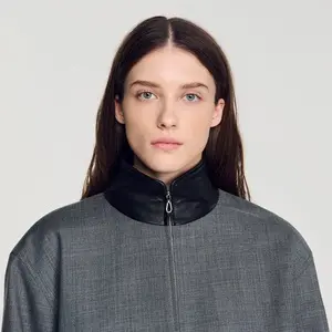 Sandro Wool Jacket With Leather Stand Collar