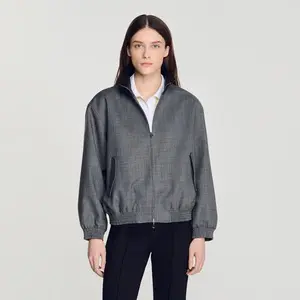 Sandro Wool Jacket With Leather Stand Collar
