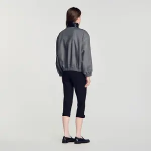 Sandro Wool Jacket With Leather Stand Collar