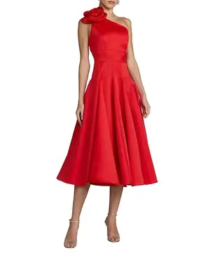 Mac Duggal One Shoulder Satin Midi Dress With 3d Flower - Red
