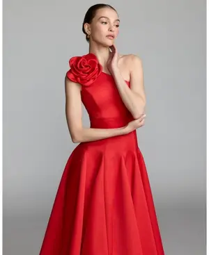 Mac Duggal One Shoulder Satin Midi Dress With 3d Flower Detail - Red