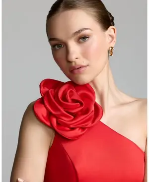 Mac Duggal One Shoulder Satin Midi Dress With 3d Flower Detail - Red