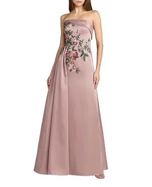 Mac Duggal Strapless Embellished Floral Gown - Mocha