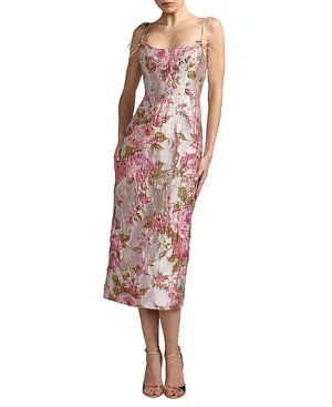 Mac Duggal Floral Brocade Midi Dress With Bow Tie Straps - Pink Multi