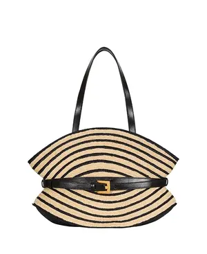 Balmain Medium Shuffle Bag In Smooth Leather And Two-tone Raffia - Beige