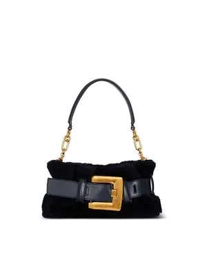 Balmain Shearling Mini Bag With Gold Tone Buckle - Navy