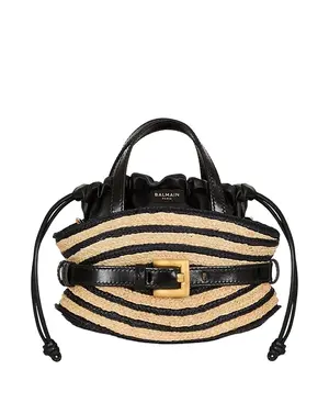 Balmain Mini Shuffle Bag In Smooth Leather And Raffia - Beige
