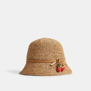 COACH Straw Bucket Hat With Cherry Detail - Beige/red