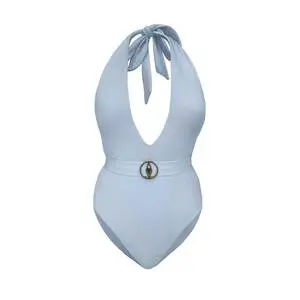 ANSE VICTORIN Halterneck Plunge One Piece Swimsuit With Logo Buckle - Blue