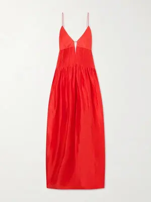 Tory Burch Embellished Pleated Linen And Silk-blend Maxi Dress - Red