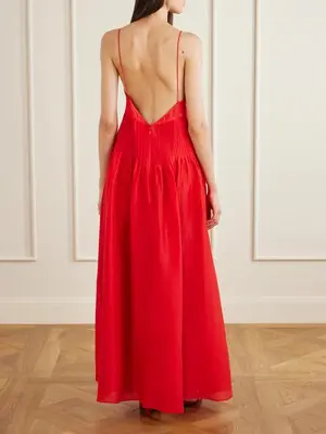 Tory Burch Embellished Pleated Linen And Silk-blend Maxi Dress - Red