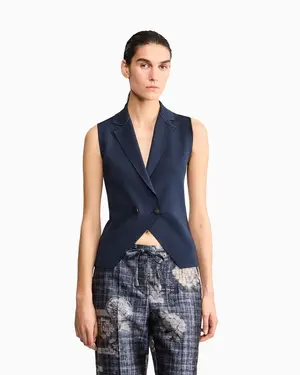 Giorgio Armani Viscose Knit Vest With Ribbed Texture And Lapel - Blue