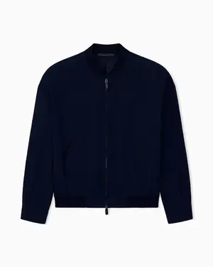 Giorgio Armani Seersucker Bomber In Viscose With Zipper And Ribbed Trims - Blue