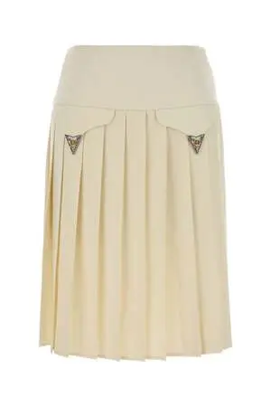 Versace Ivory Stretch Wool Pleated Midi Skirt - White