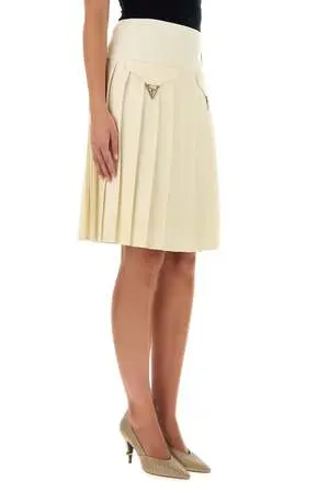 Versace Ivory Stretch Wool Pleated Midi Skirt - White