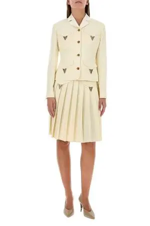 Versace Ivory Stretch Wool Pleated Midi Skirt - White