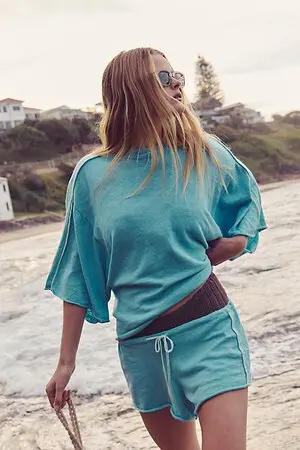 Free People Cotton-linen Cropped Tee And Drawstring Shorts Set - Waterfall Mist Combo