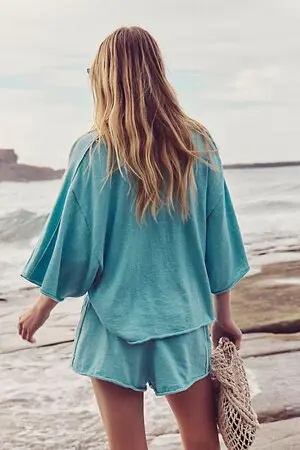 Free People Cotton-linen Cropped Tee And Drawstring Shorts Set - Waterfall Mist Combo
