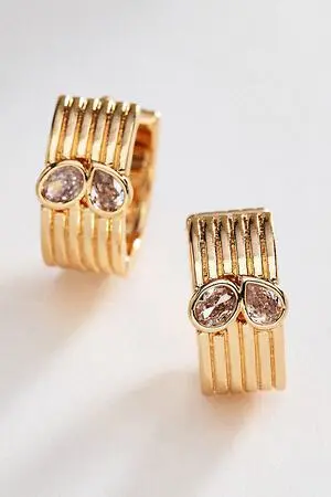 Anthropologie Ribbed Crystal Huggie Earrgs - Gold