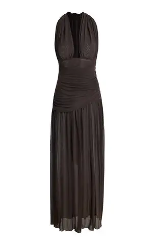 MORE NOIR Pleated Halterneck Maxi Dress - Brown
