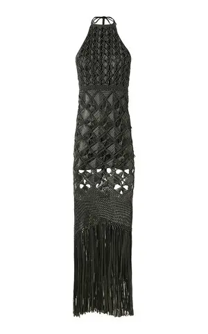 PALMA CANARIA Lia Handwoven Macramé Fringe Maxi Dress - Dark Green
