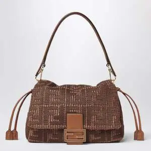 Fendi Medium Baguette Bag In Woven Raffia With Ff Sellier Embroidery - Brown