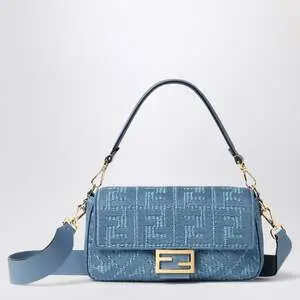 Fendi Woven Raffia Ff Embroidery Baguette Bag - Blue