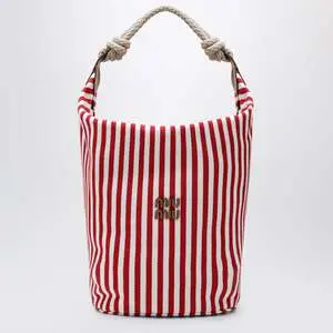 Miu Miu Striped Canvas Bag With Embroidered Logo - Red