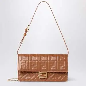 Fendi Baguette On Chain Wallet In Sellier Nappa Leather With Ff Motif - Brown