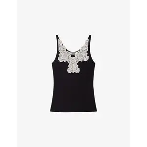 Sandro Ribbed Lace-embroidered Stretch-cotton Vest - Black