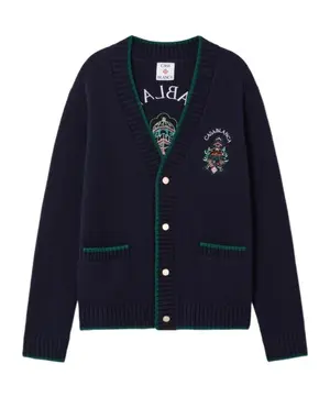 Casablanca Hotel Emblem Embroidered Wool Cardigan - Black