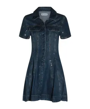 SELF-PORTRAIT Rhinestone Stripe Denim Mini Dress - Black