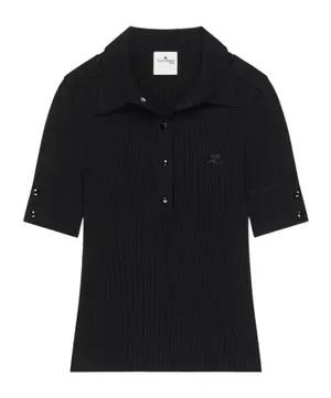 COURREGES Rib-knit Short-sleeved Polo Shirt - Black