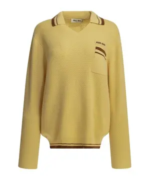 Miu Miu Cashmere V-neck Sweater With Embroidered Logo And Striped Details - Yellow