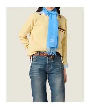 Miu Miu Cashmere V-neck Sweater With Embroidered Logo And Striped Details - Yellow
