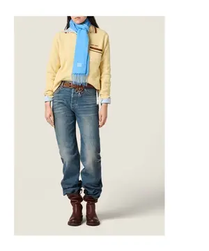 Miu Miu Cashmere V-neck Sweater With Embroidered Logo And Striped Details - Yellow