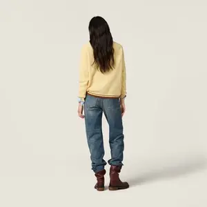 Miu Miu Cashmere V-neck Sweater With Embroidered Logo And Striped Details - Yellow