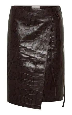 ST. AGNI Everyday Wrap Crocodile-effect Leather Skirt - Brown
