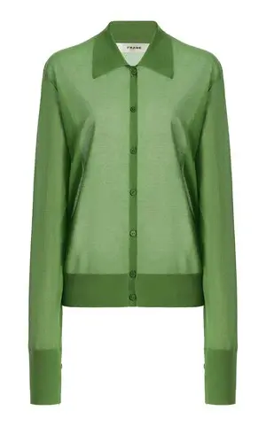 FRAME Collared Cotton-blend Cardigan - Green