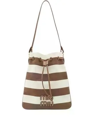 Miu Miu Striped Canvas Logo Drawstring Handbag - Brown