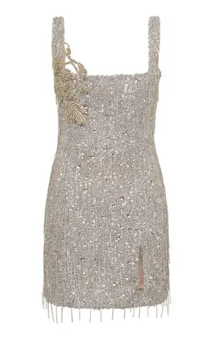 Rachel Gilbert Frank Crystal Fringe Mini Dress - Silver