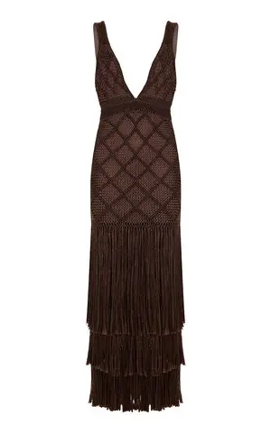 PALMA CANARIA Liana Handwoven Macramé Fringe Maxi Dress - Brown