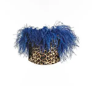 MAISON SEL Leopard Print Silk Corset With Ostrich Bust - Blue