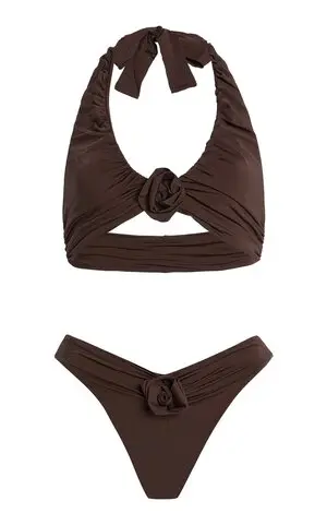 MAYGEL CORONEL Brezza Ruched Bikini Set With Rose Detail - Brown