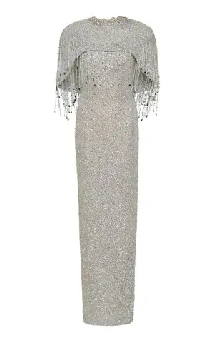 Rachel Gilbert Nala Crystal-embellished Cape Gown - Silver