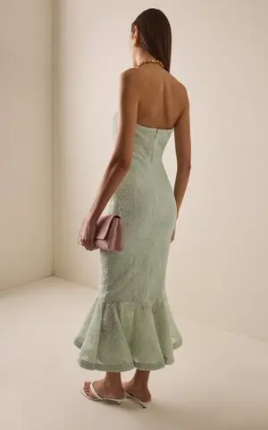 ROTATE BY BIRGER CHRISTENSEN Strapless Mesh Flounce Midi Dress