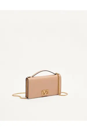 Valentino Garavani Vlogo Signature Grainy Calfskin Wallet With Chain - Natural