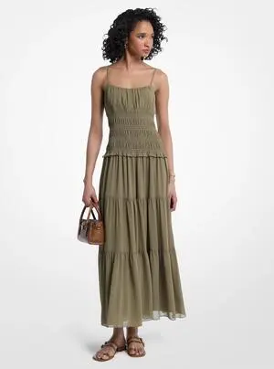 Michael Kors Smocked Georgette Maxi Dress - Green