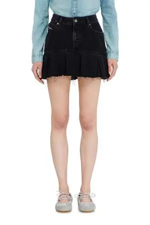 DIESEL® Denim Mini Skirt With Frayed Pleated Hem - Black